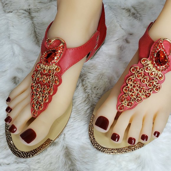 SilverDew | Shoes | Red Rhinestone Peacock Toe Strap Sandals | Poshmark